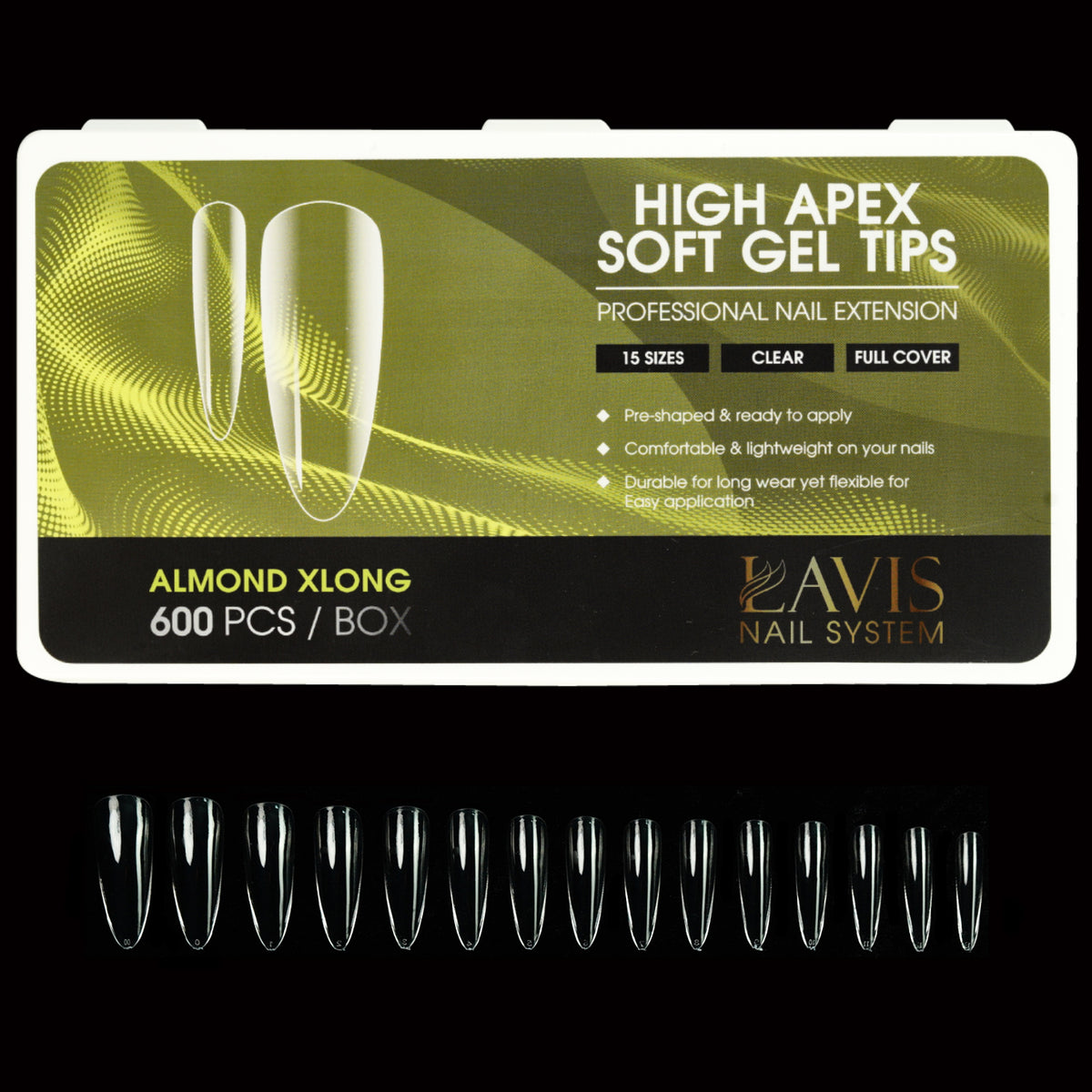 LAVIS Almond Xlong - 15 Sizes Clear - High Apex Soft Gel Tips – ND ...
