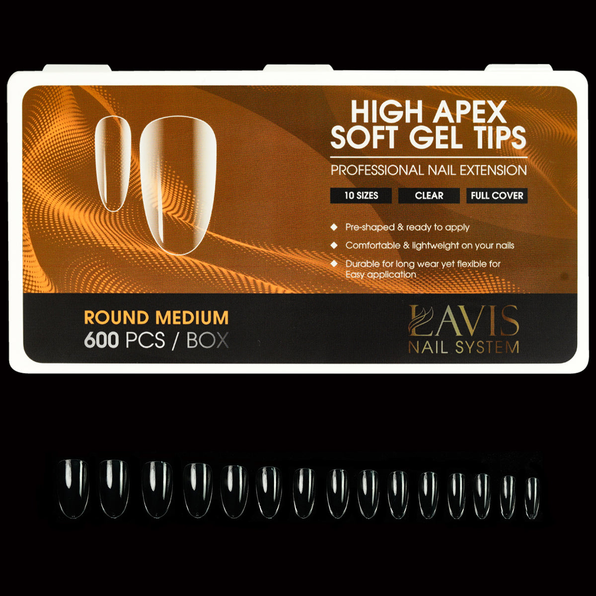 LAVIS Round Medium - 10 Sizes Clear - High Apex Soft Gel Tips – ND ...