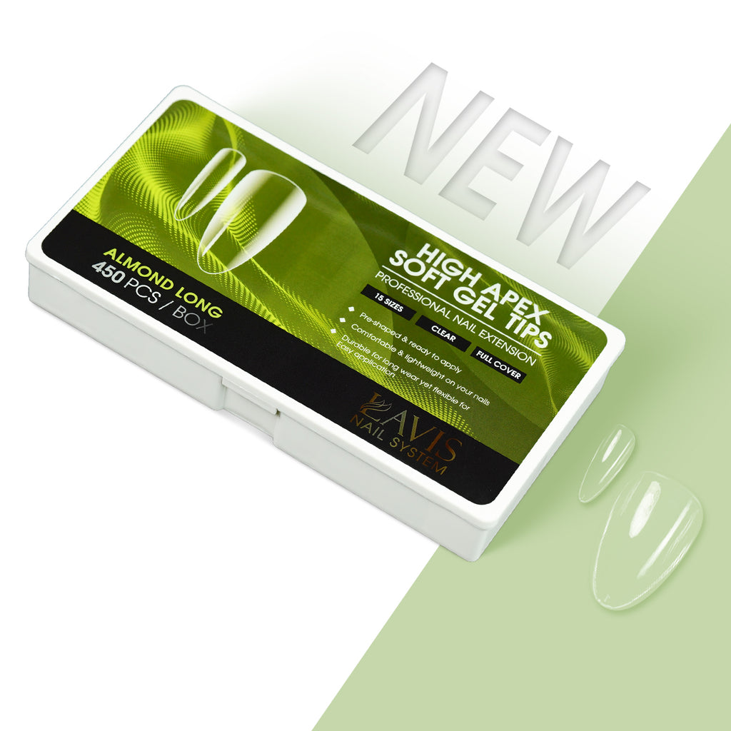 LAVIS Almond Long - 15 Sizes Clear - High Apex Soft Gel Tips – ND Nails ...