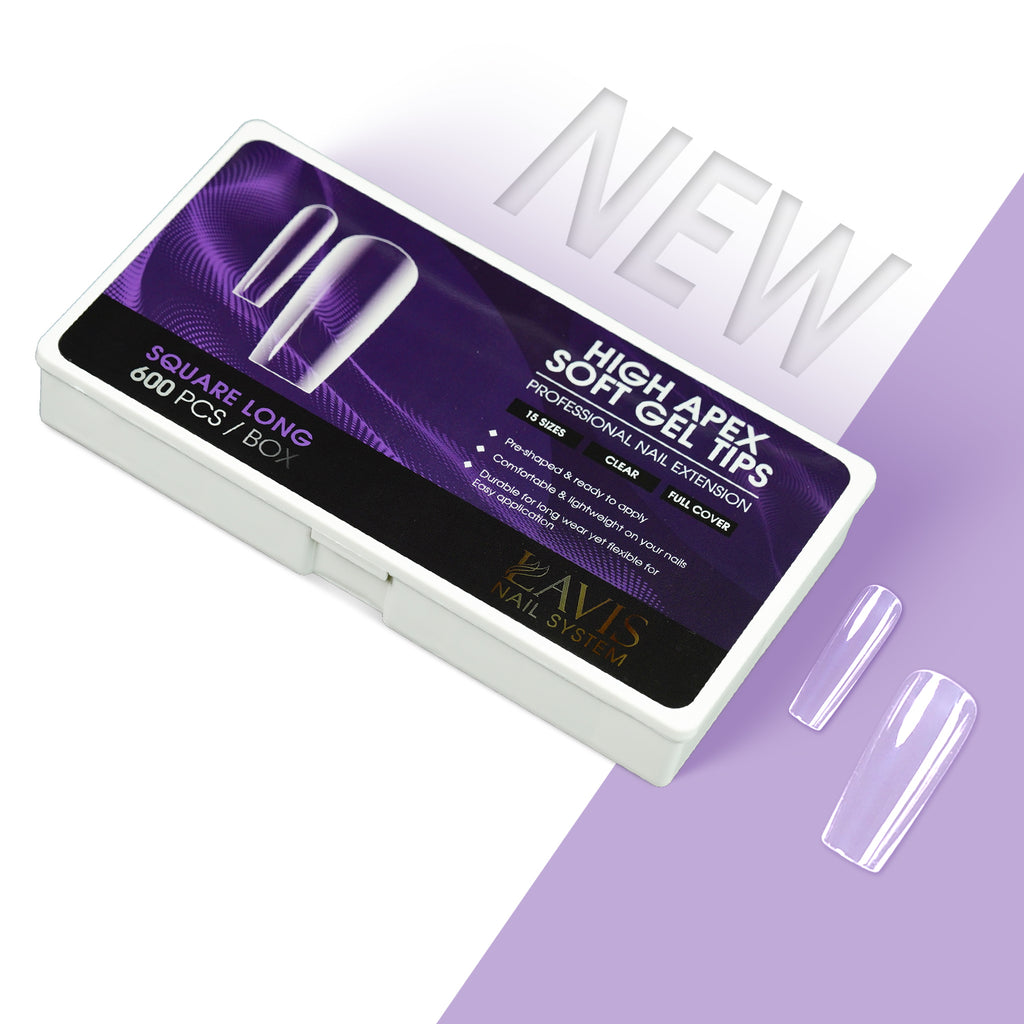 LAVIS Square Long - 15 Sizes Clear - High Apex Soft Gel Tips – ND Nails ...