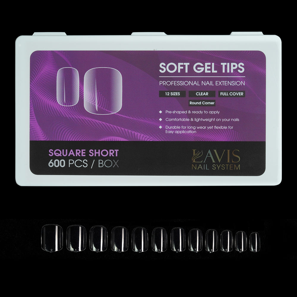 LAVIS Square Short - 12 Sizes Clear Round Corner - Soft Gel Tips | ND ...